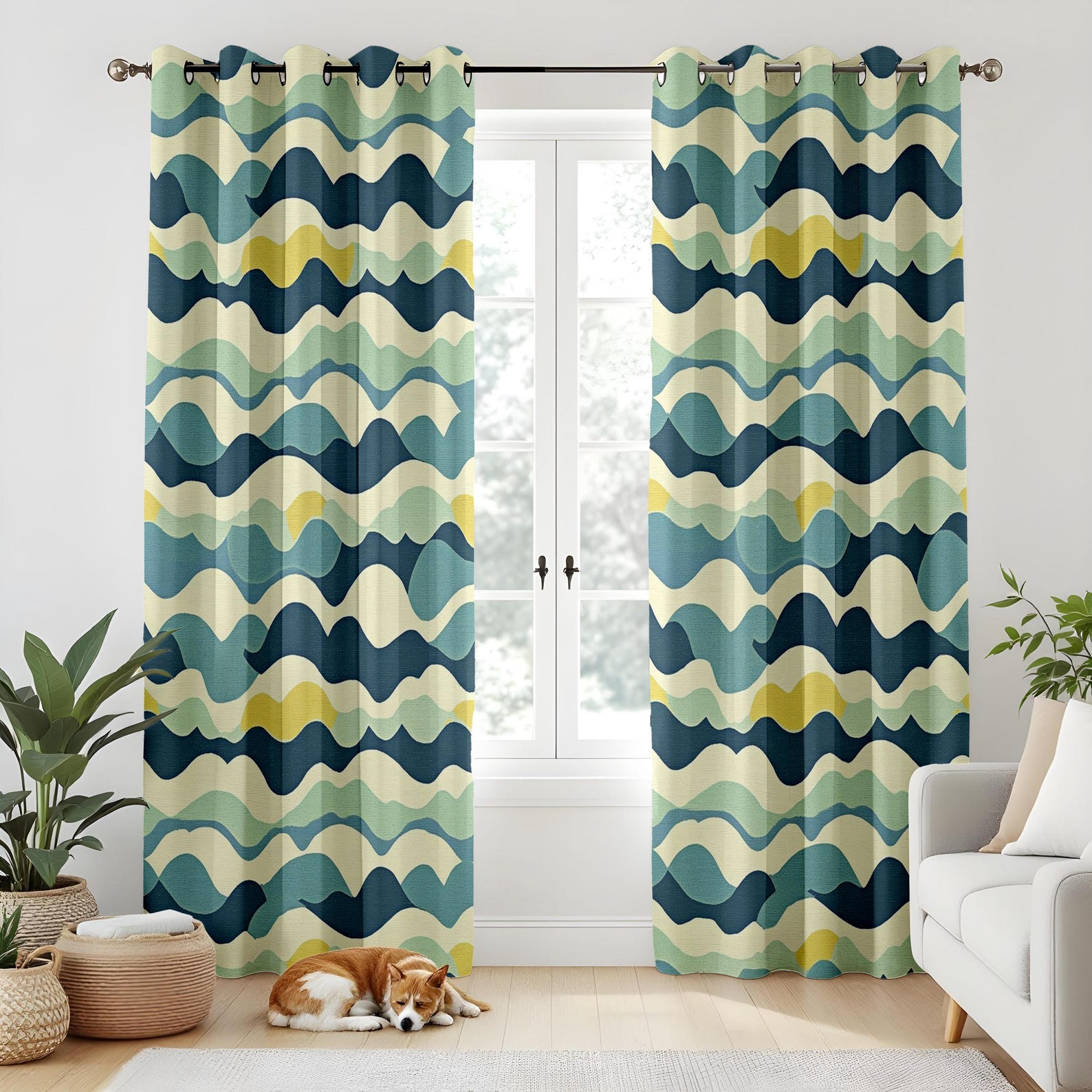 Teal Cream & Navy Wavy Stripe Blackout Living Room Curtains, Modern ...