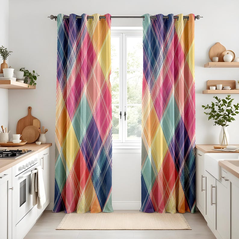 Rainbow Plaid Curtains for Living Room, Colorful Check Pattern Drapes ...