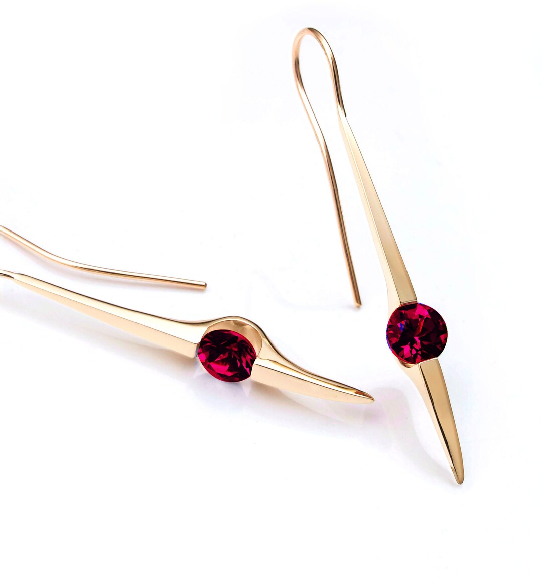 14k Gold and Ruby Earrings, Chatham Rubies, July Birthday, Contemporary Earrings, Modern, Dangle ...