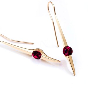 14k Gold and Ruby Earrings, Chatham Rubies, July Birthday, Contemporary Earrings, Modern, Dangle ...