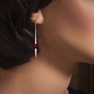 14k Gold and Ruby Earrings, Chatham Rubies, July Birthday, Contemporary Earrings, Modern, Dangle ...