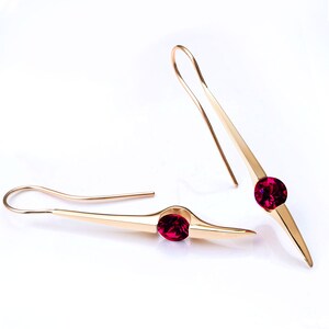 14k Gold and Ruby Earrings, Chatham Rubies, July Birthday, Contemporary Earrings, Modern, Dangle ...