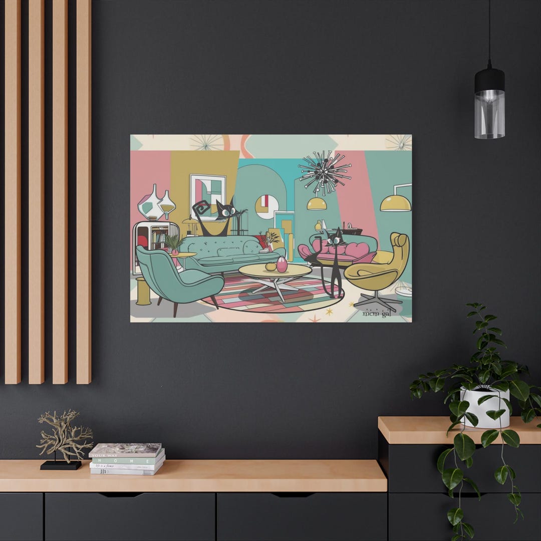Mid-century Modern Atomic Cat Kitschy Mod Living Room, Aqua, Pink ...