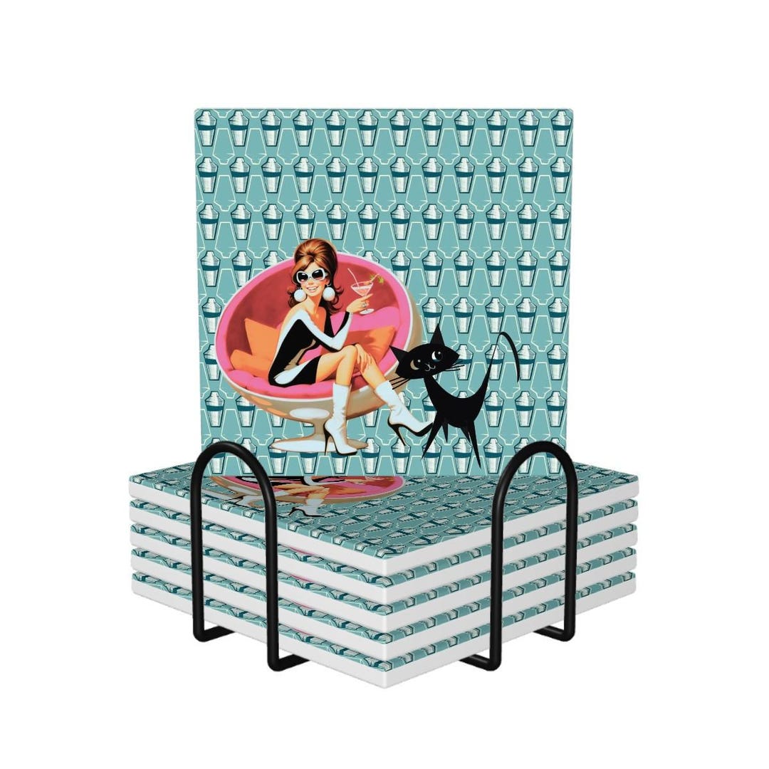 Atomic Cat Martini Shakers and Mid Mod Gal, Mid Century Modern Square ...