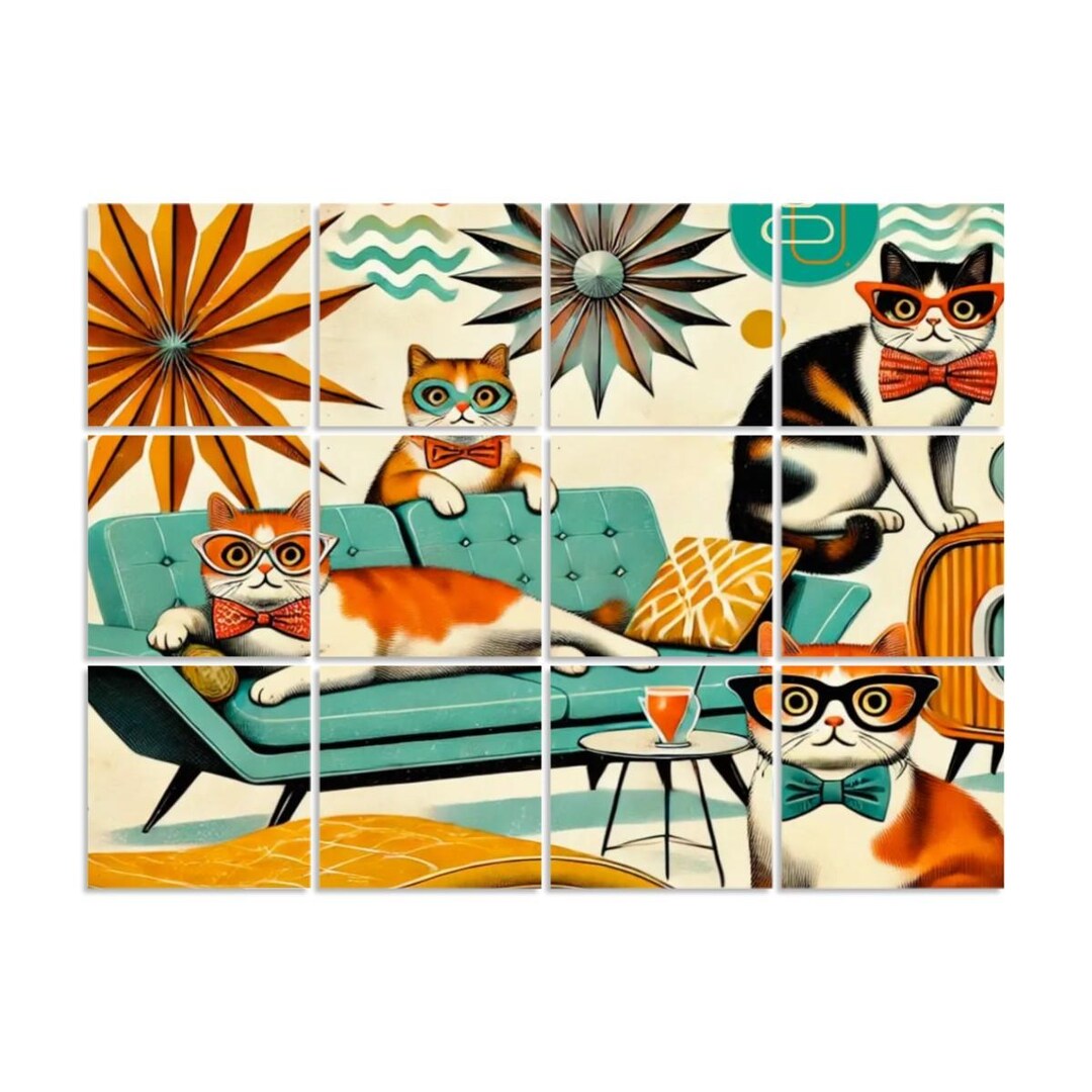 Mid Century Modern Kitschy Quirky Smart Cats, Retro Hanging Room ...