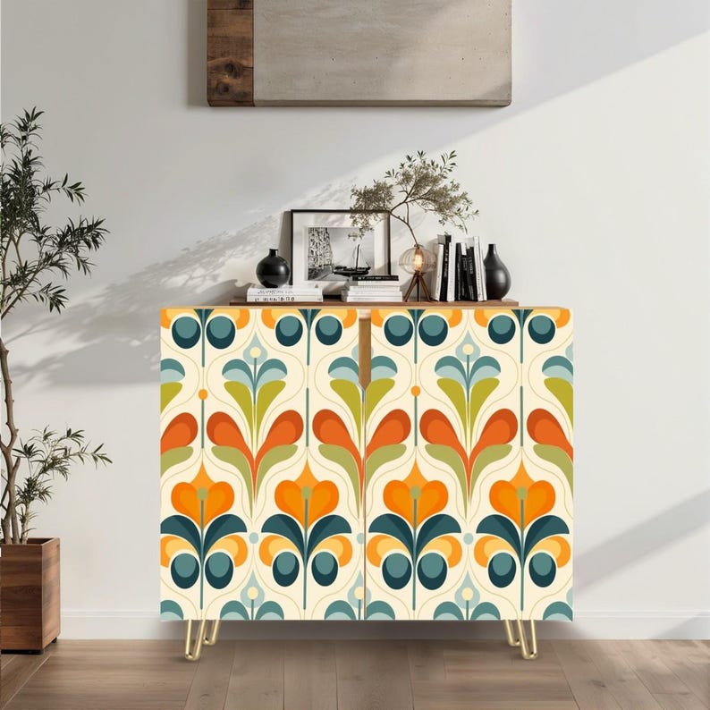 Mid Century Modern Floral Scandinavian Modern Danish Wooden Storage ...