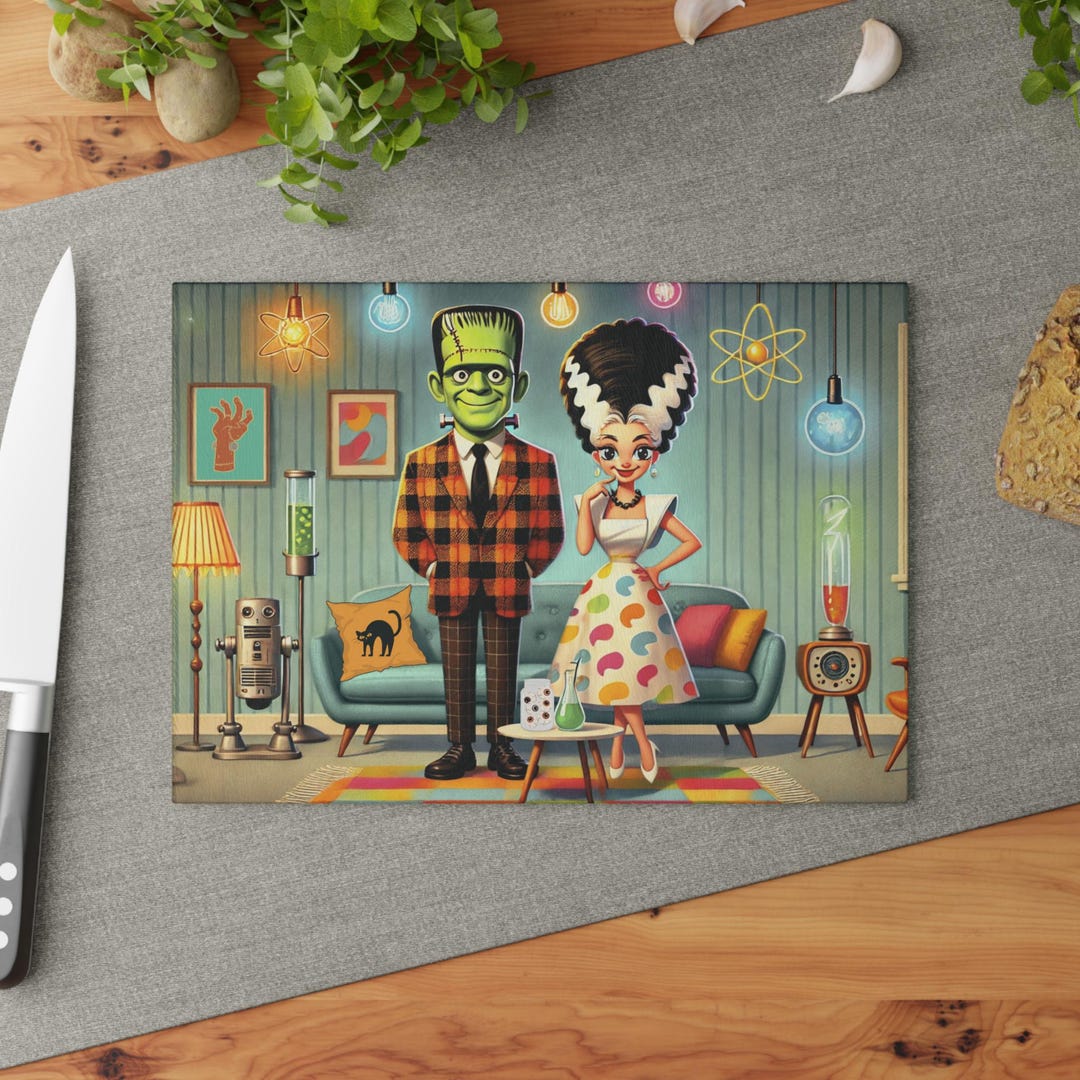 Retro Frankenstein and Bride Monster Glass Cutting Board | Vintage ...