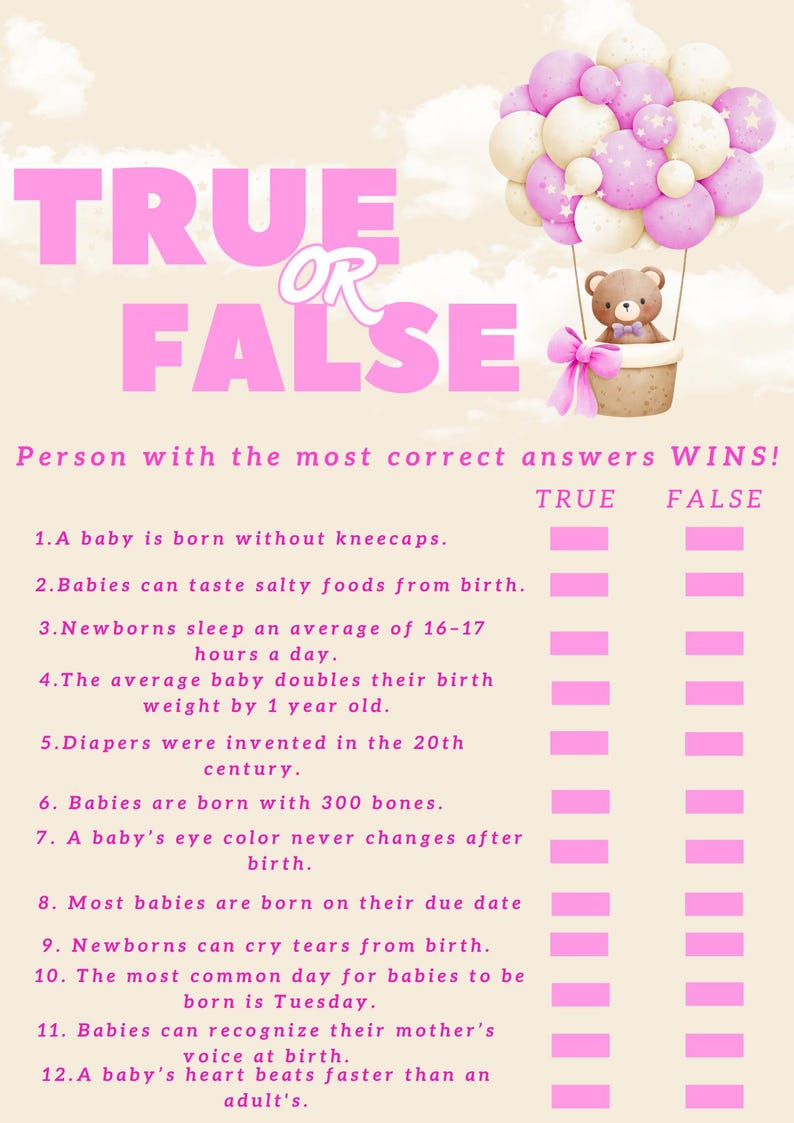 BABY SHOWER GAMES! True or False: Facts About Parenthood Digital Print ...
