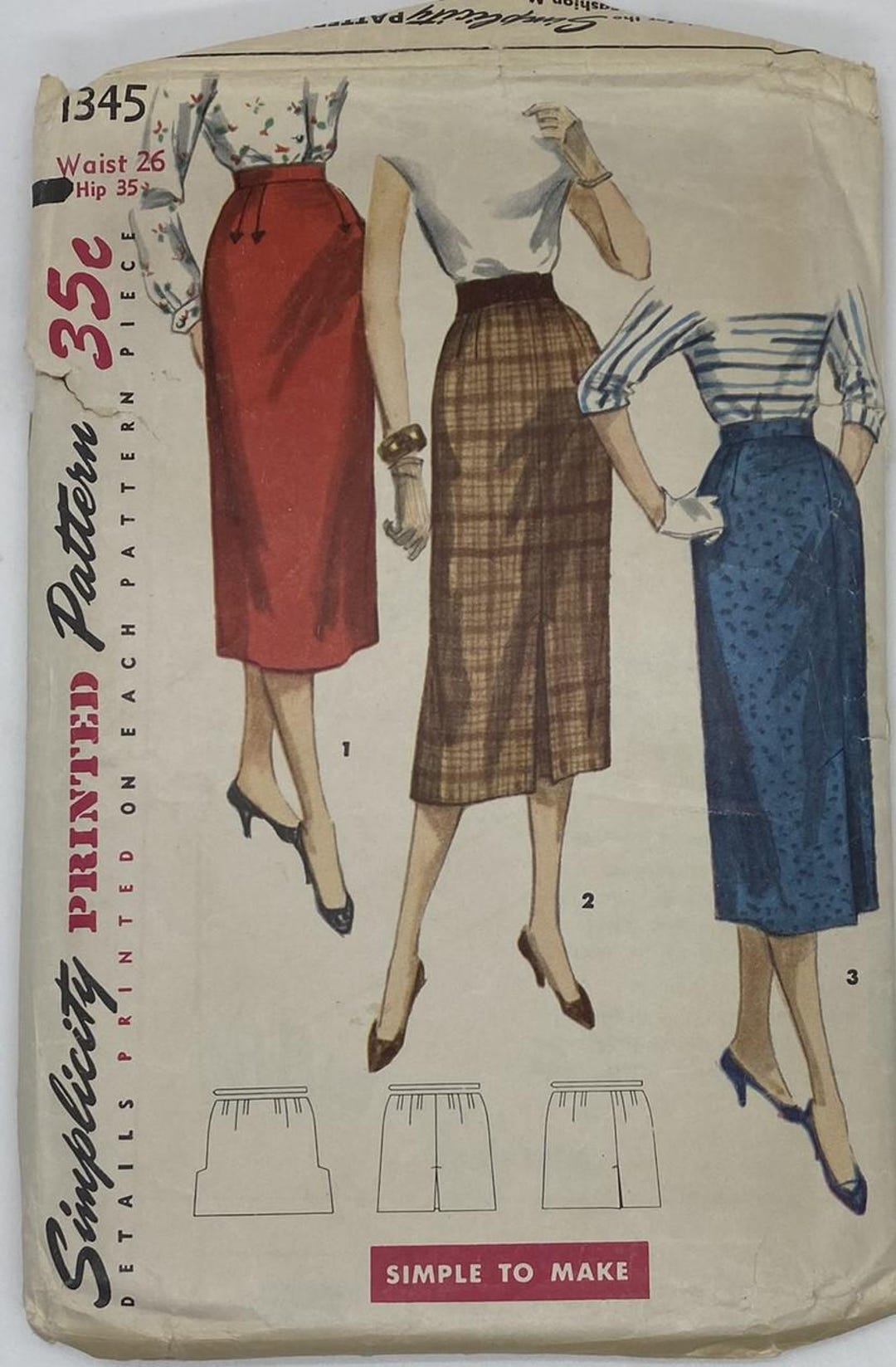 1950s Skirt Sewing Pattern - Straight Slightly A-line Skirt - Waist 26 ...