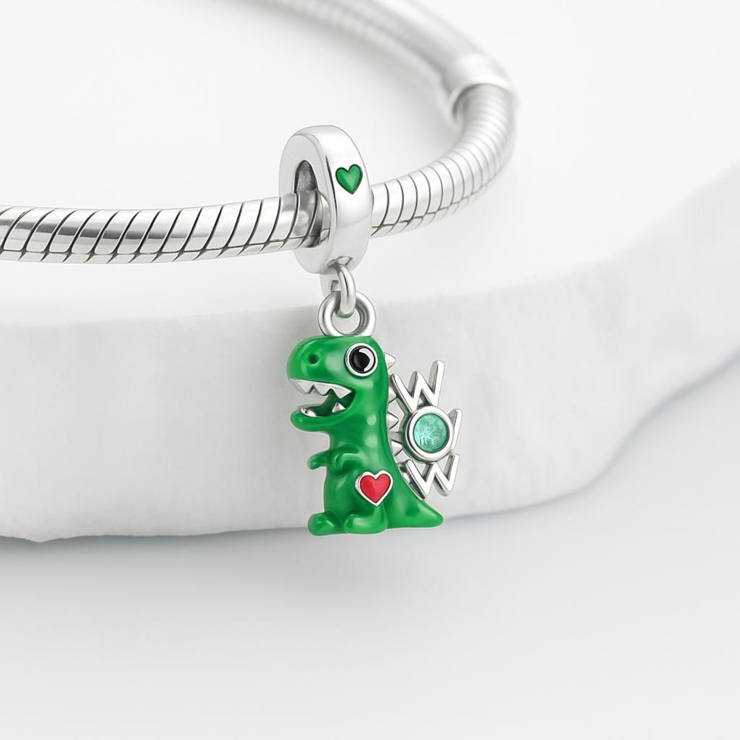 Green Dinosaur Charm | Sterling Silver Enamel T-rex Dangle Bead ...