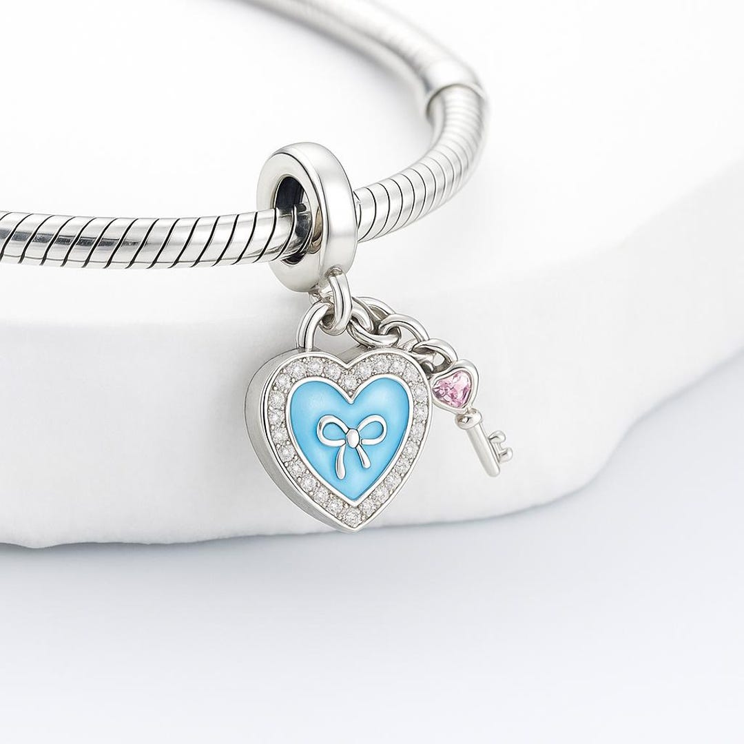Blue Enamel Heart Lock & Key Charm | Sterling Silver Pandora Compatible ...