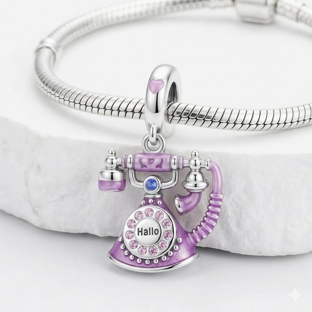 Vintage Pink Rotary Telephone Charm – Retro Enamel Dangle Bracelet Bead ...