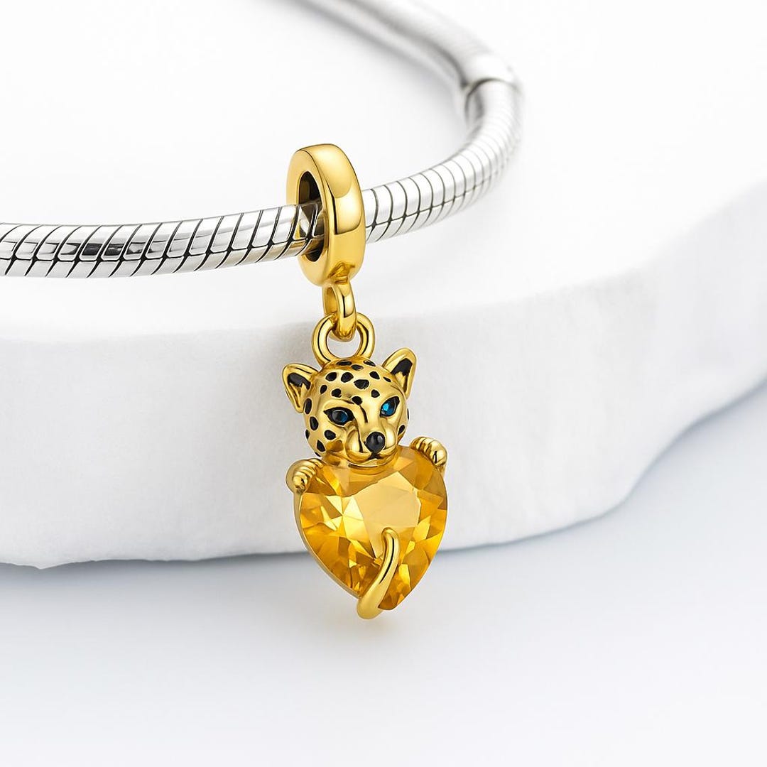 18K Gold Leopard Heart Charm | Sterling Silver Pandora Compatible Bead ...