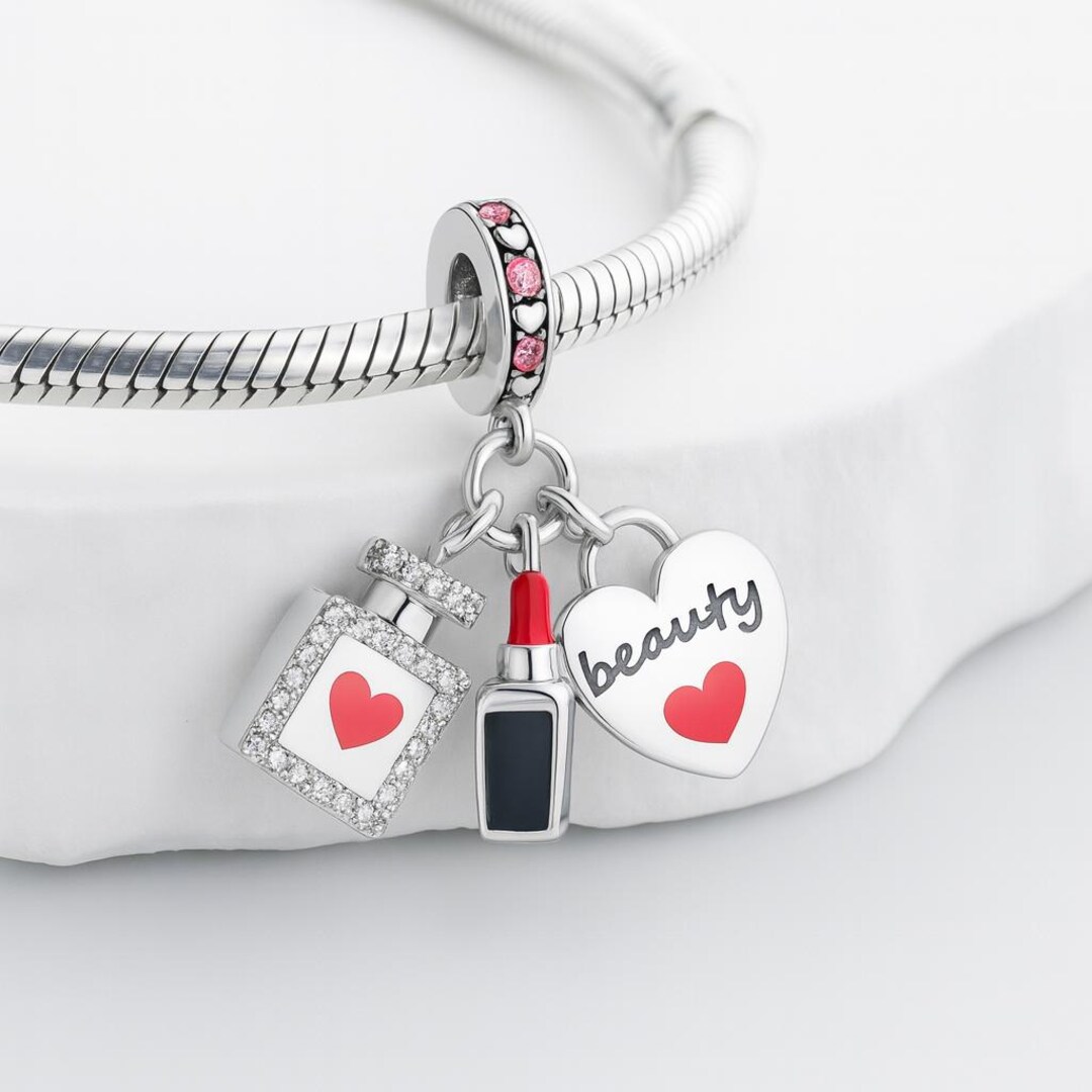 Sterling Silver Beauty Charm: Perfume, Lipstick, Heart Dangle Bead - Etsy
