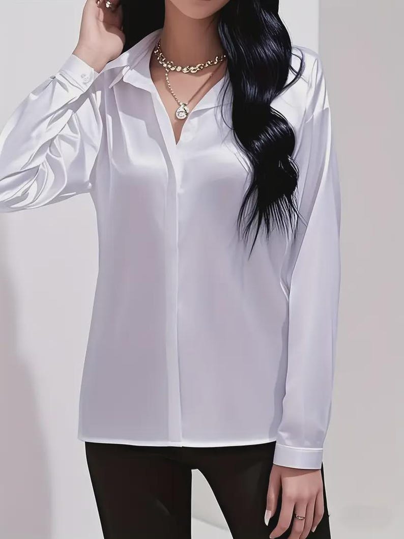 Women Premium Silk Lapel Blouse – Solid Color Button Down Top, Smooth ...