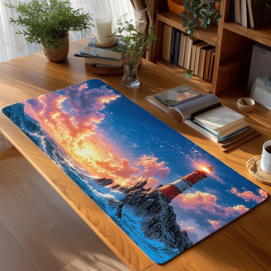 Lighthouse Desk Mat for Home Office - Ocean Sunset Mouse Pad in 4 Sizes ...