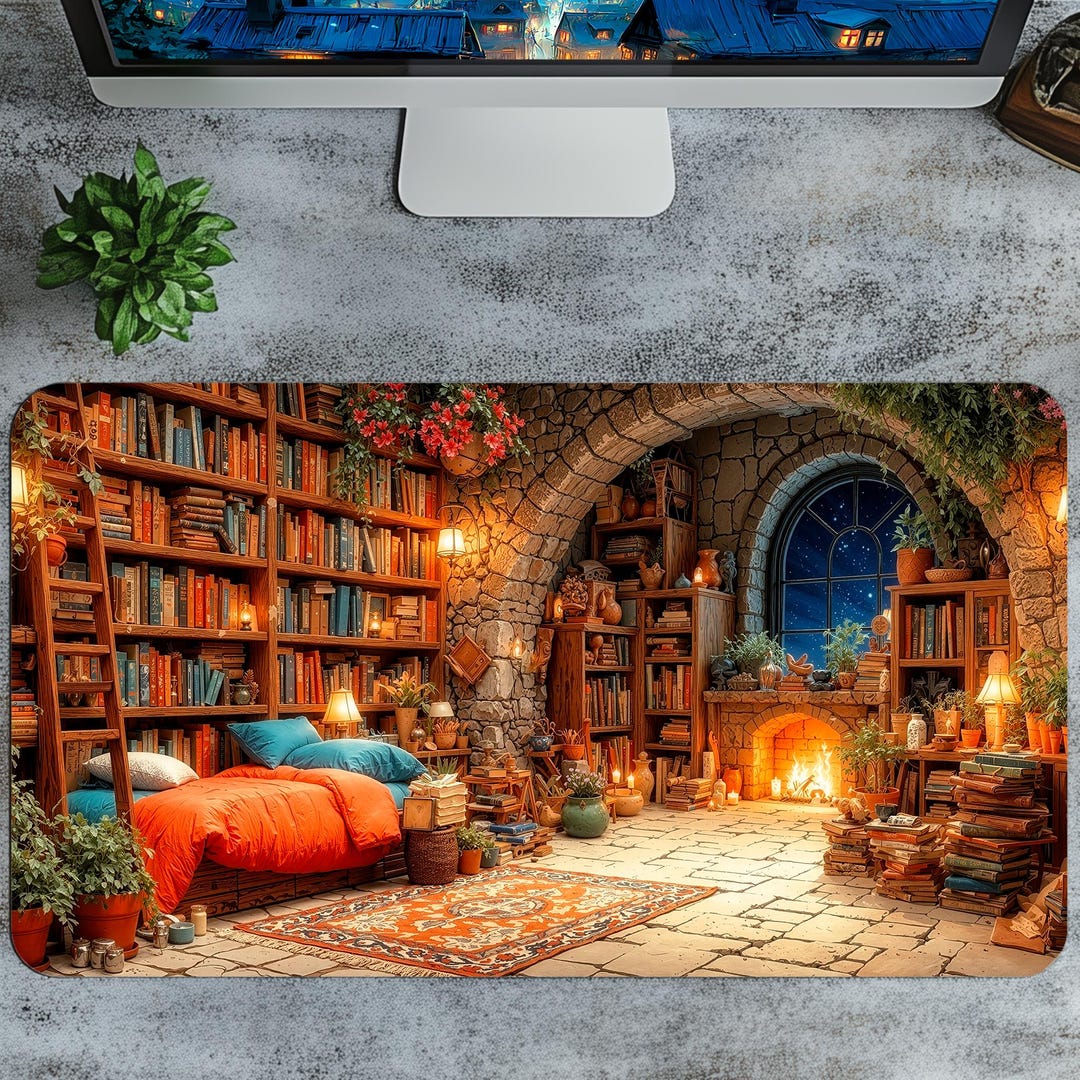 Starry Night Library Desk Mat - Fantasy Book Nook Mouse Pad With Cozy ...