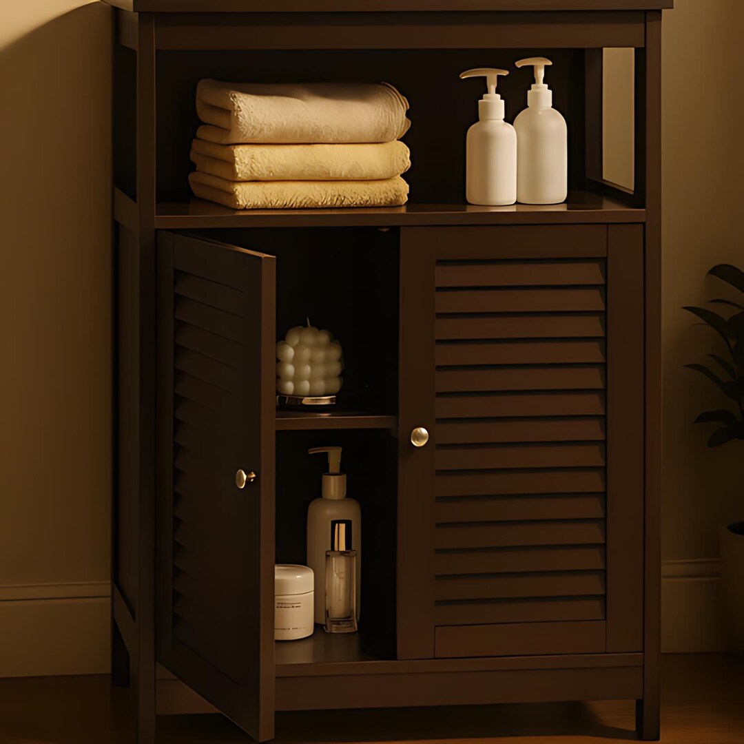 Rustic Brown Bathroom Cabinet, Louver Doors, Adjustable Shelf - Etsy