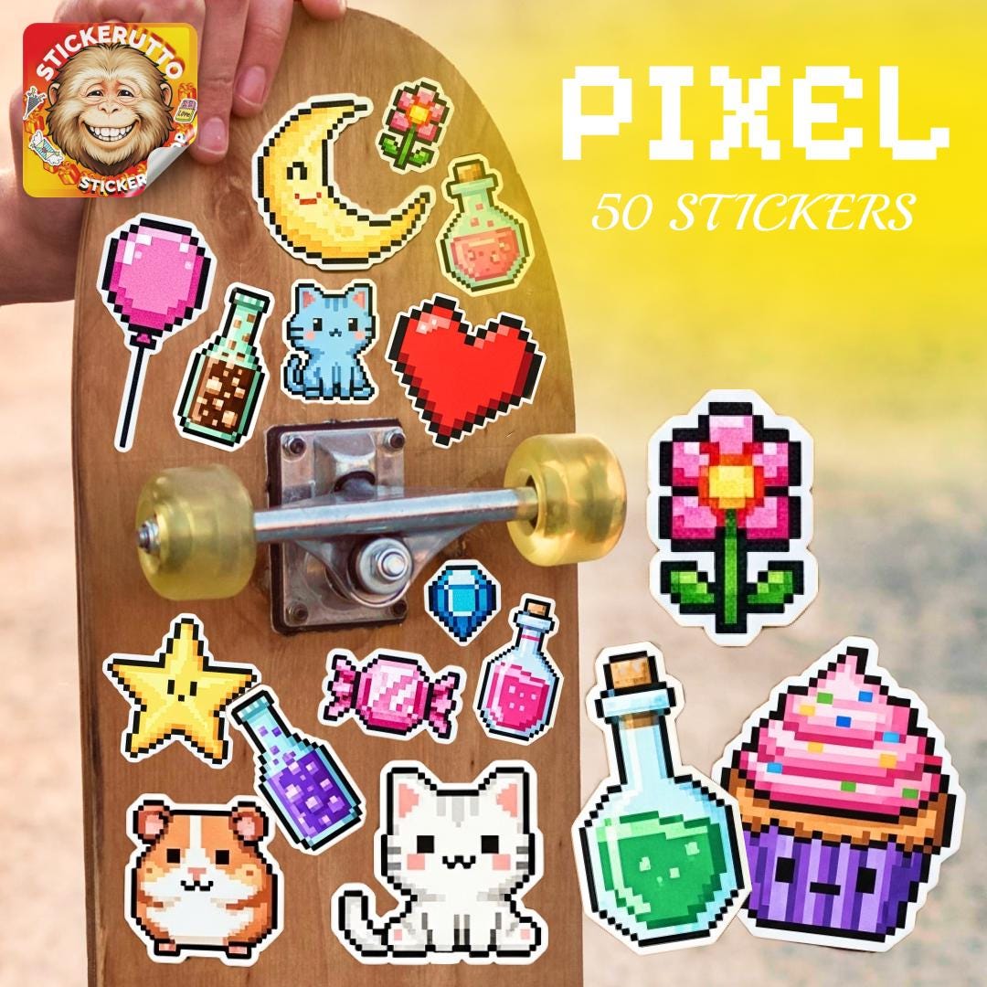 Retro Gaming Pixel Sticker Pack – 50 Vinyl Stickers With Pixel Cats and ...