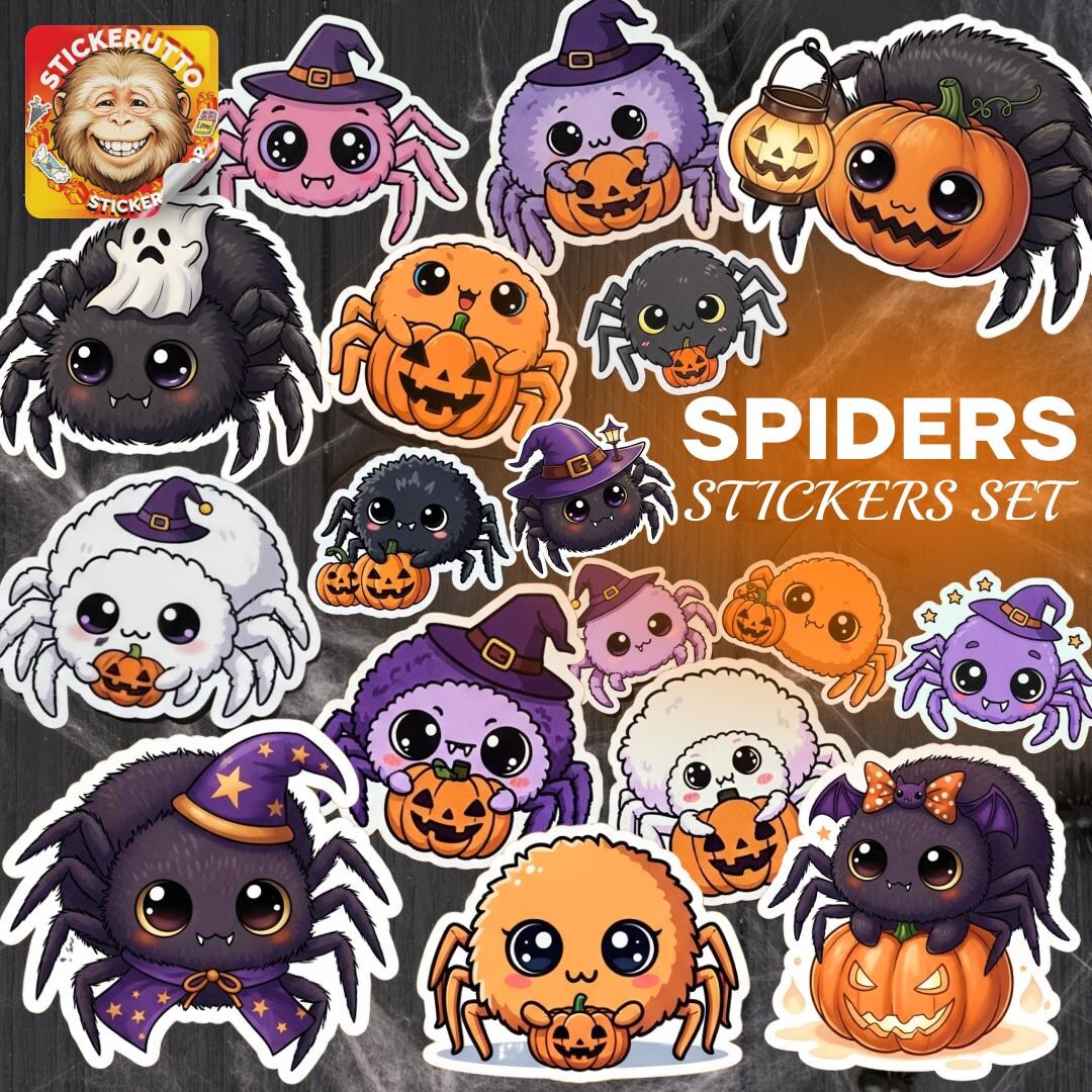 Kawaii Halloween Spider Sticker Pack: Waterproof Vinyl & Holographic ...