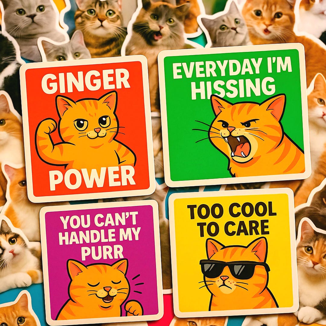 50 Funny Orange Ginger Cat Stickers Pack – Meme Cats, Cute Vinyl Decals ...