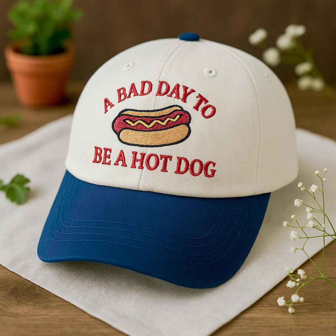 A Bad Day to Be a Hot Dog Hat, Embroidered Cream & Navy Cap With Hotdog ...