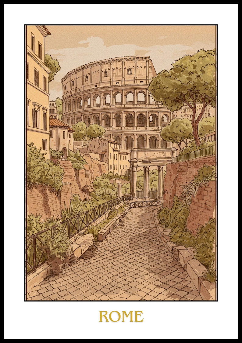 Rome Ancient Cityscape Art Print - Colosseum & Roman Forum Illustration ...