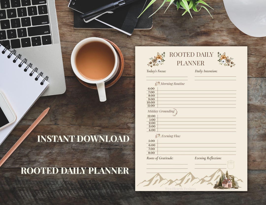 Rooted Daily Planner Printable | Rustic Time Block Schedule ...
