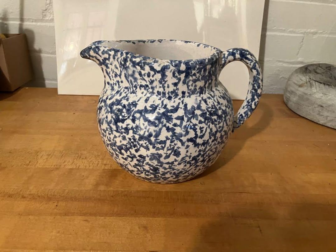 Vintage Signed Bybee Pottery Blue and White Spongeware Pitcher ...