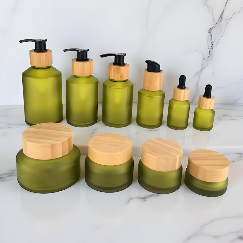 Frosted Green Glass Cosmetic Bottles With Bamboo Lid, Cream Jars, Pump ...