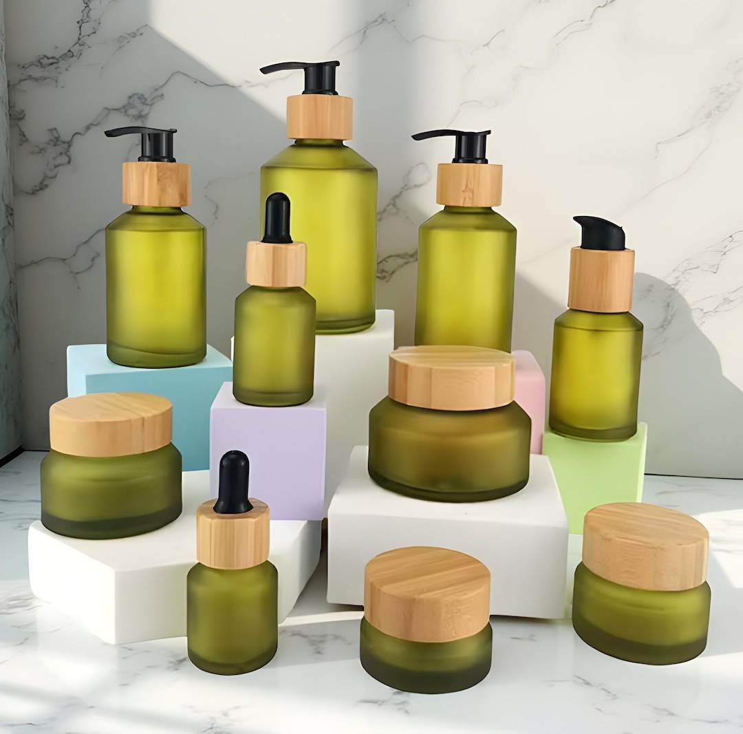 Frosted Green Glass Cosmetic Bottles With Bamboo Lid, Cream Jars, Pump ...