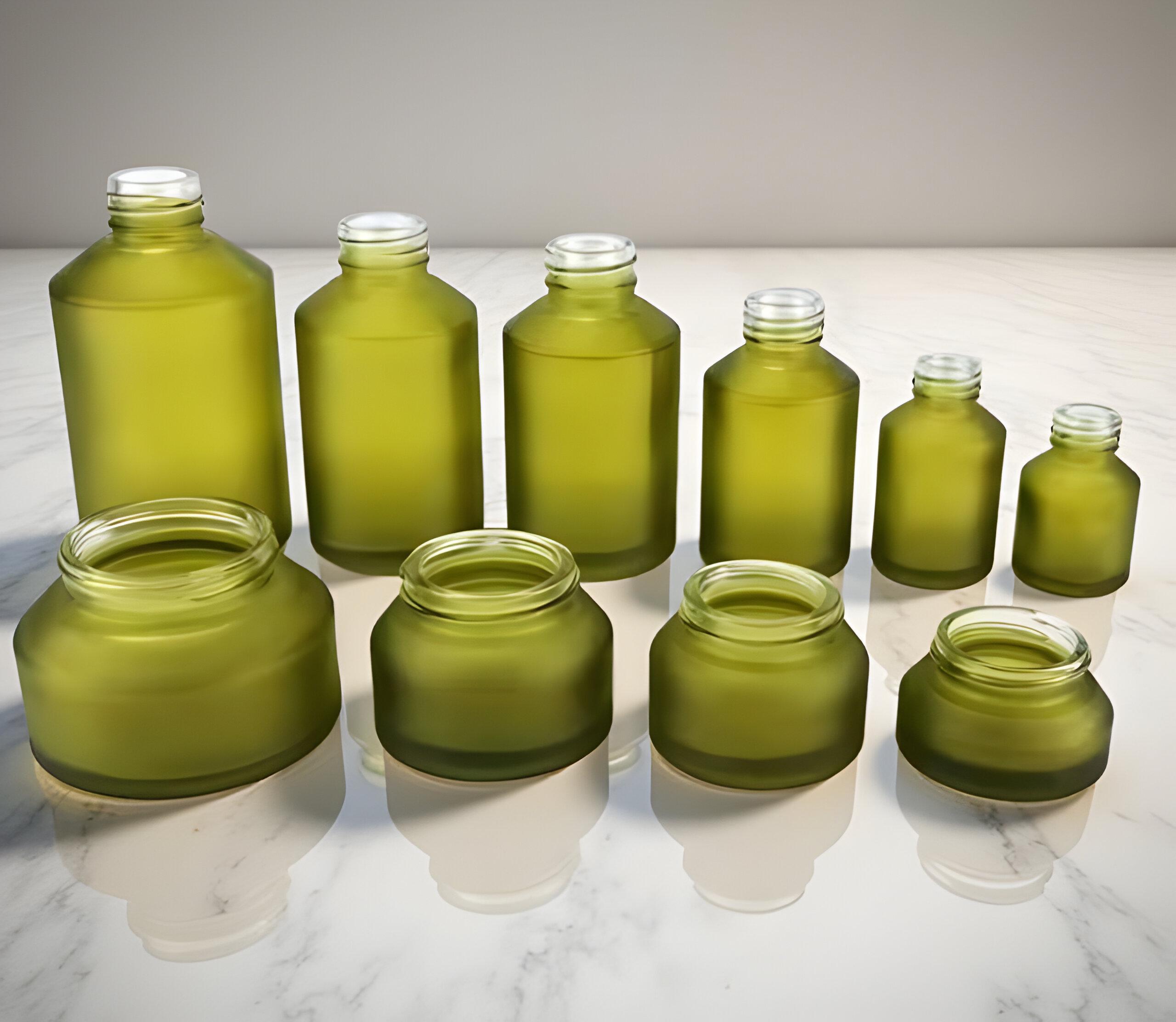 Frosted Green Glass Cosmetic Bottles With Bamboo Lid, Cream Jars, Pump ...
