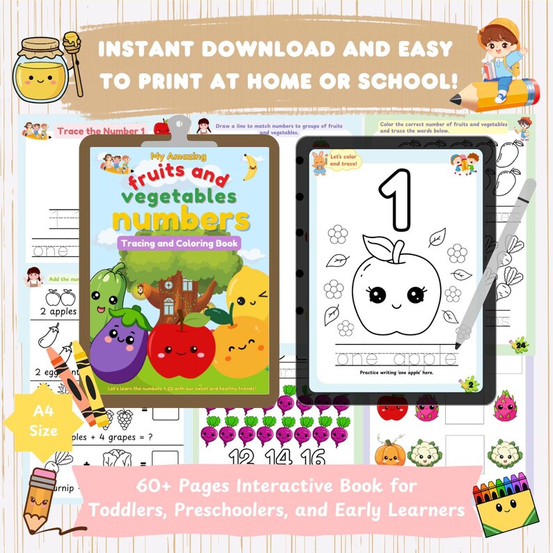 Numbers Tracing & Coloring Book | 1–20 Preschool Math Workbook | Fruits ...