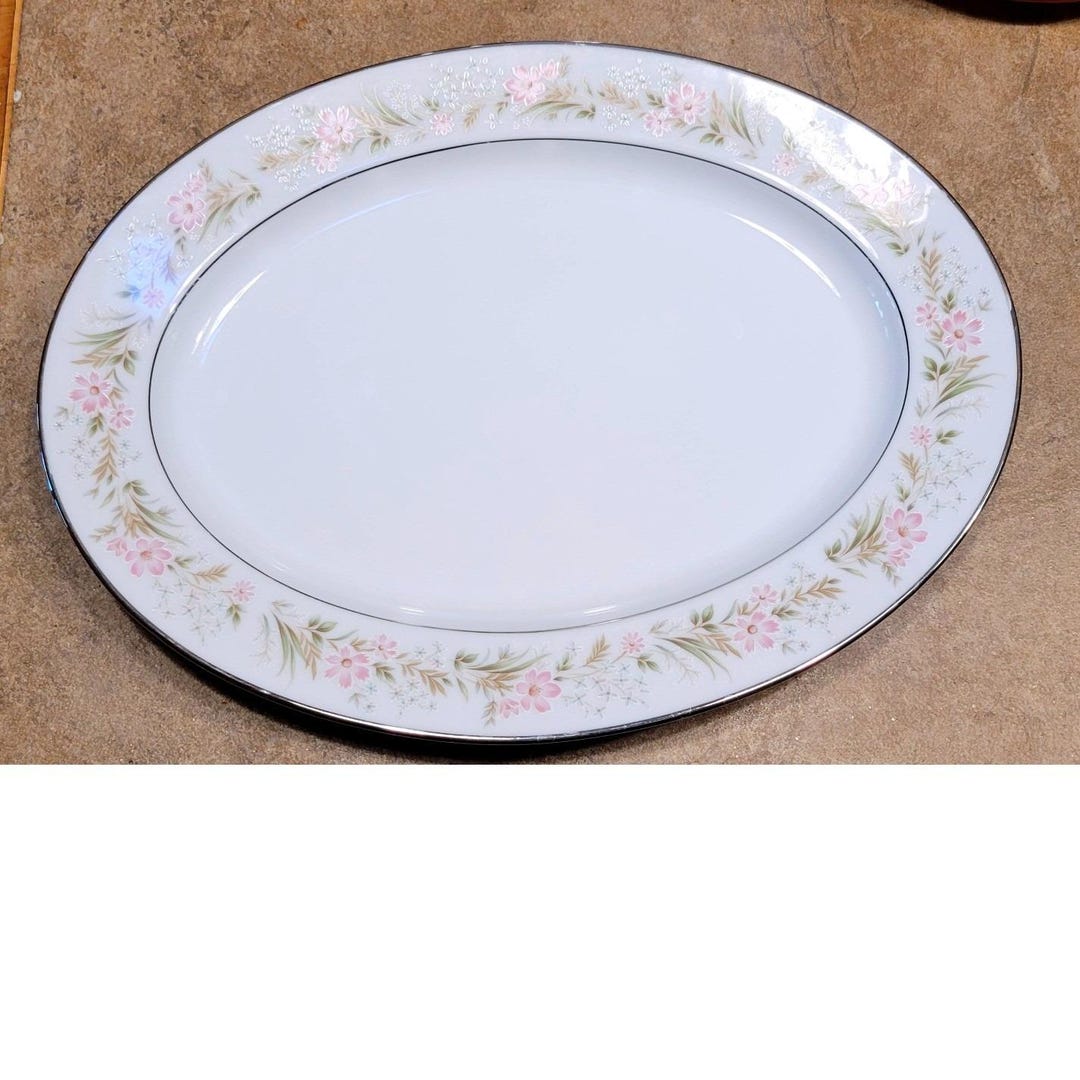 Noritake Mayflower 2351 Oval Serving Platter Pink Floral Silver Trim ...