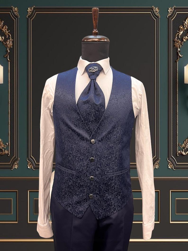 Men's Slim Fit Blue Floral Tuxedo | Mandarin Collar Wedding & Special ...
