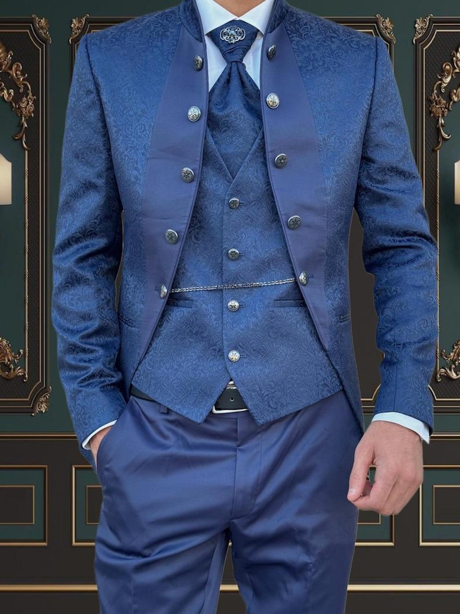 Men's Slim Fit Blue Floral Tuxedo | Mandarin Collar Wedding & Special ...