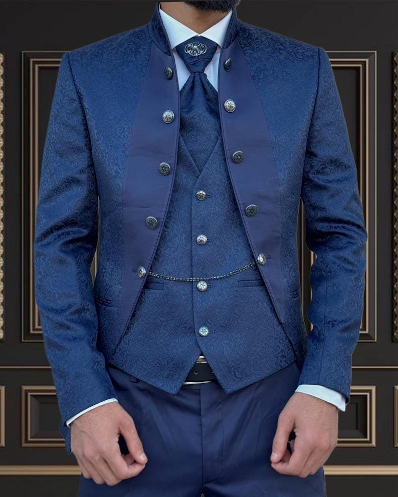 Men's Slim Fit Blue Floral Tuxedo | Mandarin Collar Wedding & Special ...
