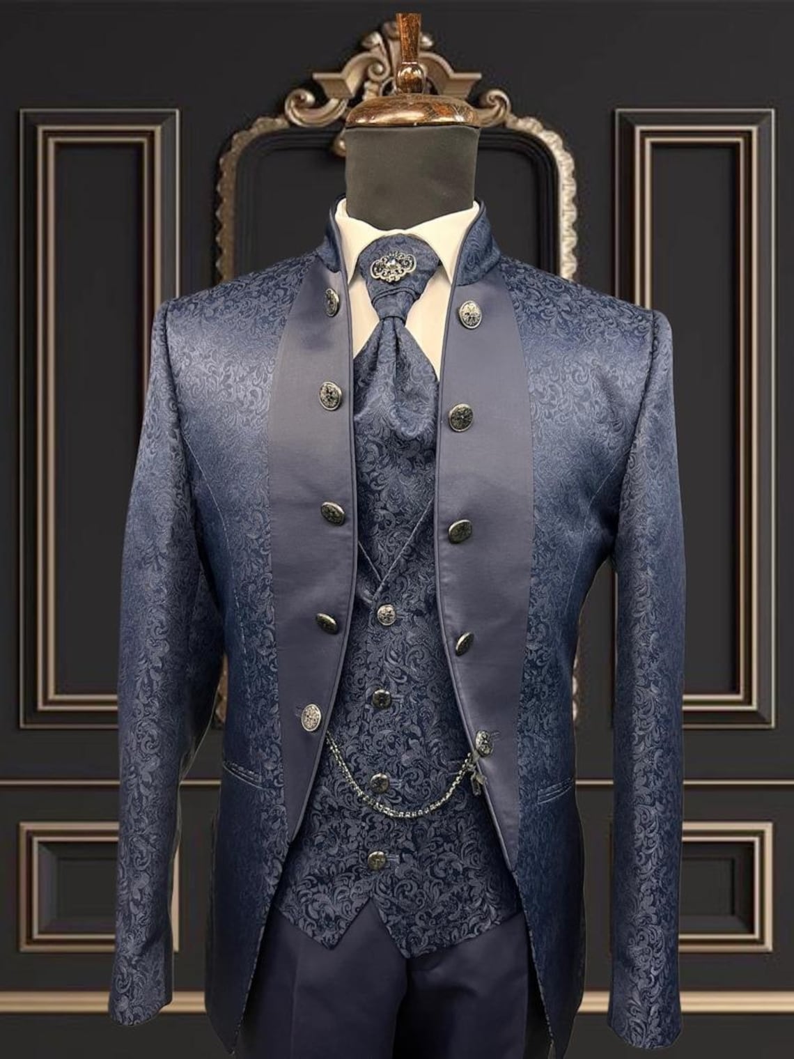 Men's Slim Fit Blue Floral Tuxedo | Mandarin Collar Wedding & Special ...