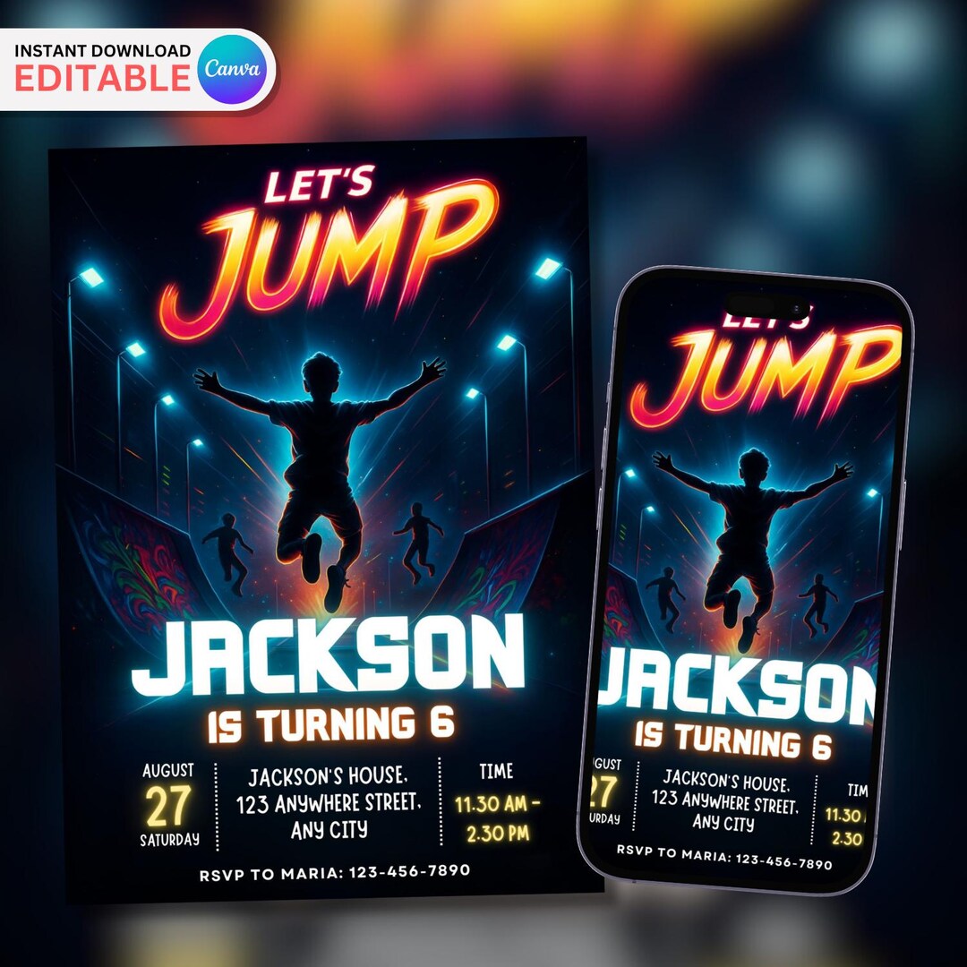 Editable Trampoline Park Party, Trampoline Birthday Invite, Teen Jump ...