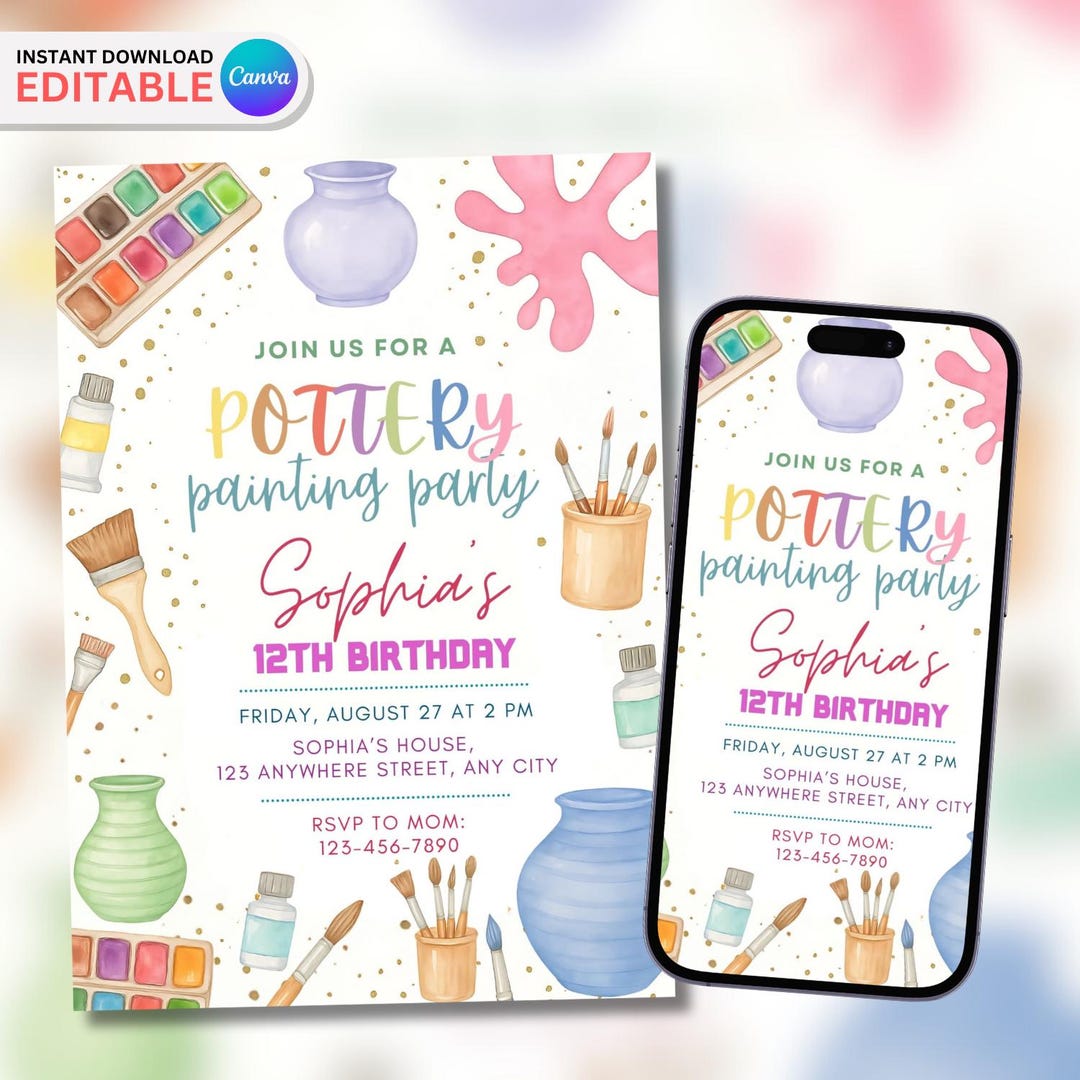Editable Pottery Art Birthday Invitation, Potter Painting Birthday ...