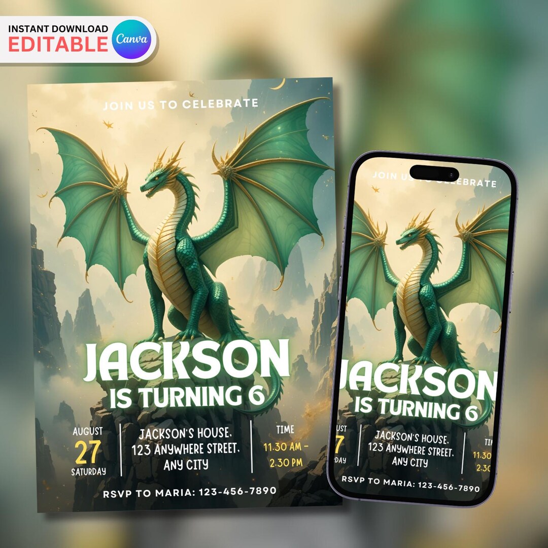 Editable Realistic Dragon Birthday Party Invitation Card, Editable ...