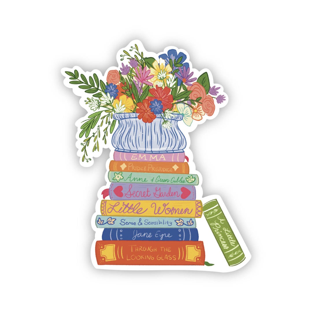 Classic Book Stack Sticker Illustrated Floral Literary Vinyl Decal Cozy Cottagecore Aesthetic ...
