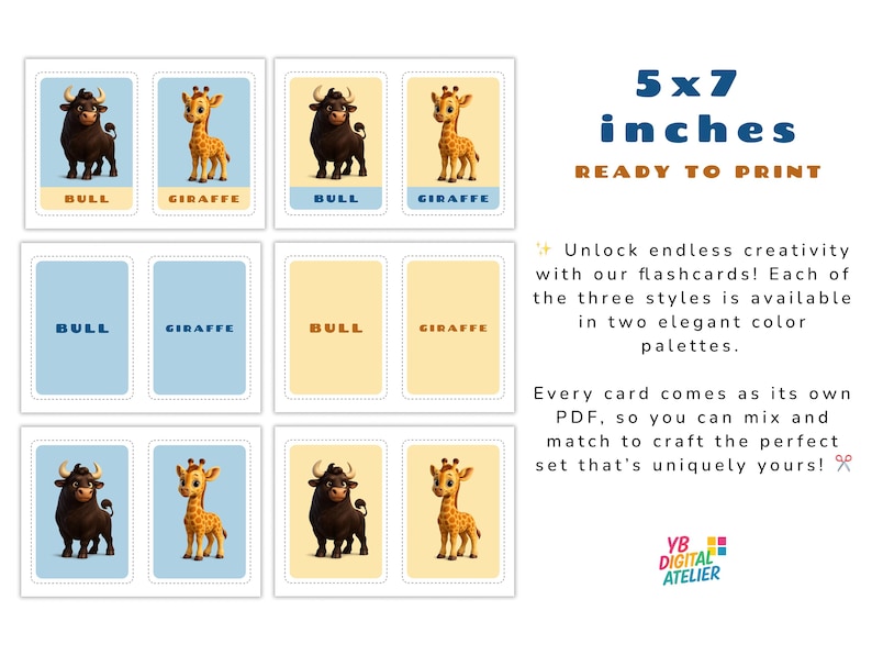 Cute Animal Flashcards for Kids, Cartoon Style Educational Cards for ...