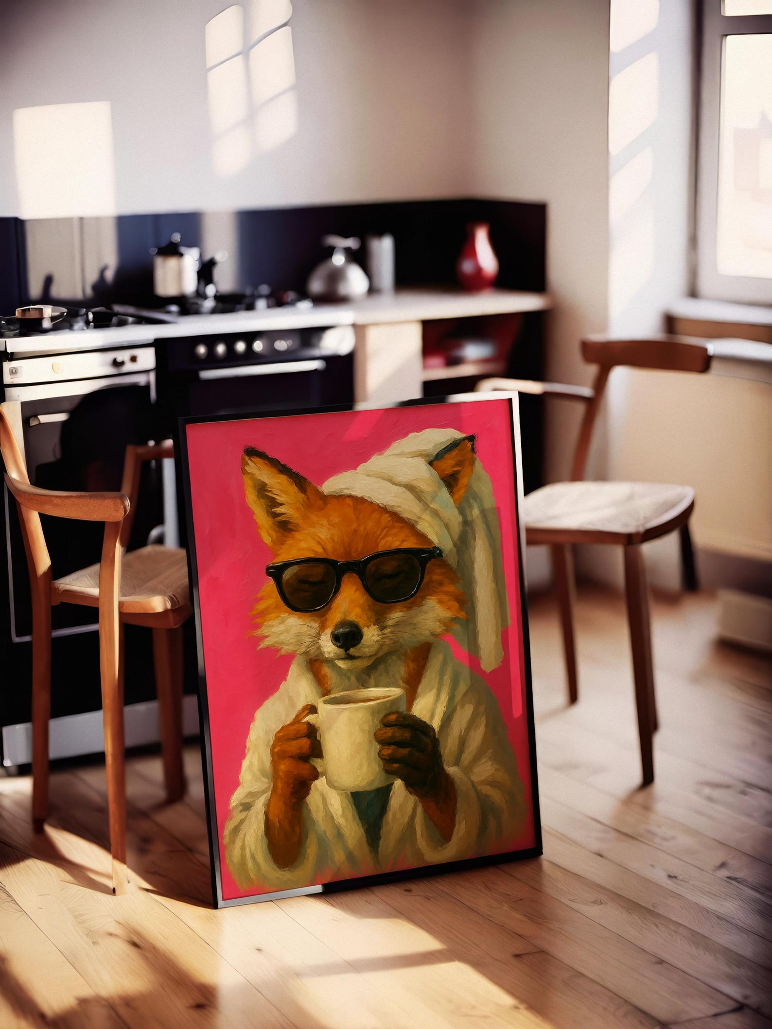 Printable Wall Art, Fox Drinking Coffee Maximalist Oil Painting Poster ...