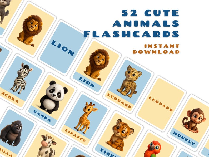 Cute Animal Flashcards for Kids, Cartoon Style Educational Cards for ...