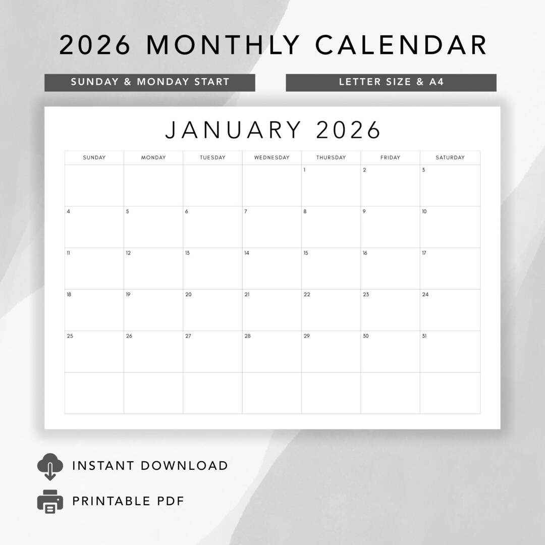 2026 Monthly Planner Calendar Printable PDF, Calendar 2026 Digital ...