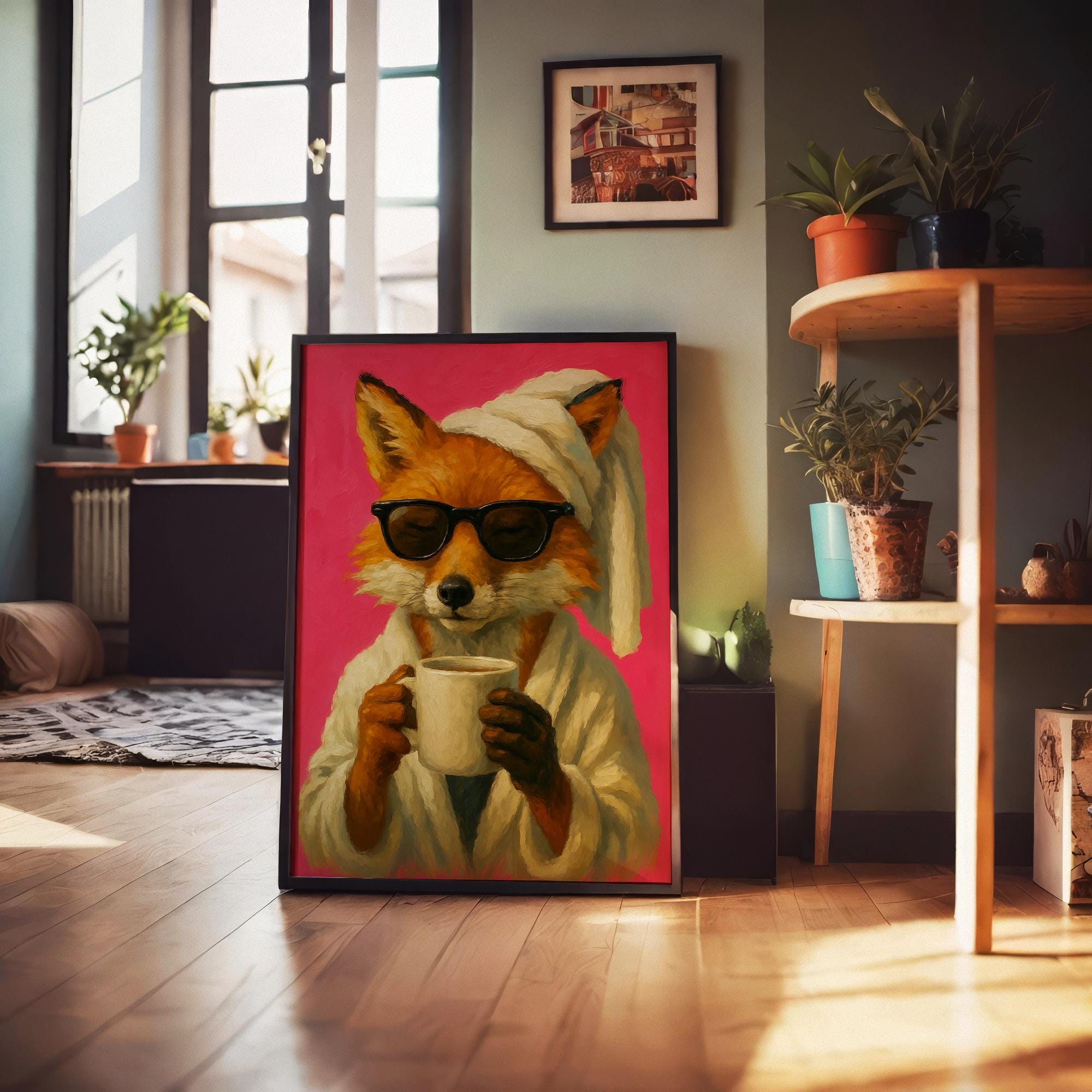 Printable Wall Art, Fox Drinking Coffee Maximalist Oil Painting Poster ...