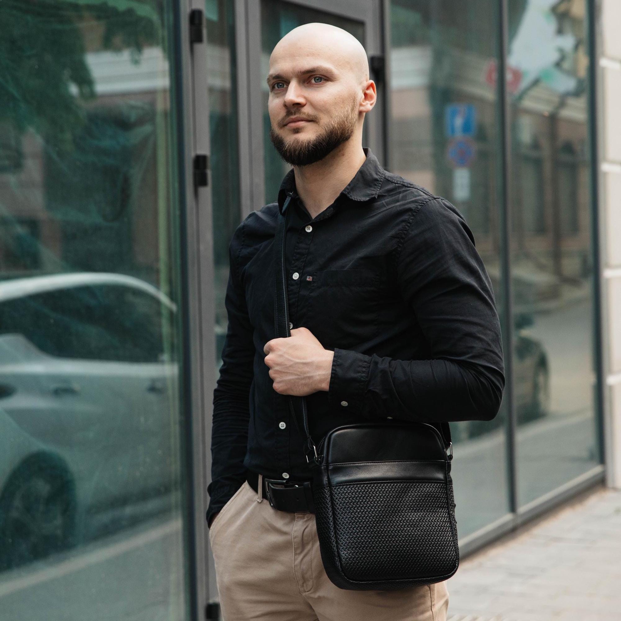 Black Sling Bag Men, Small Crossbody Bag, Leather Bum Bag, Flap Bag ...