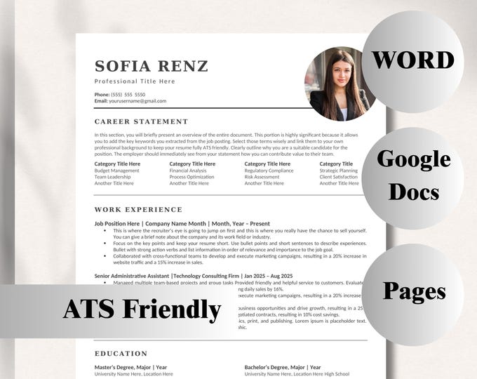 ATS Resume Template With Photo: Minimalist CV & Cover Letter (word ...