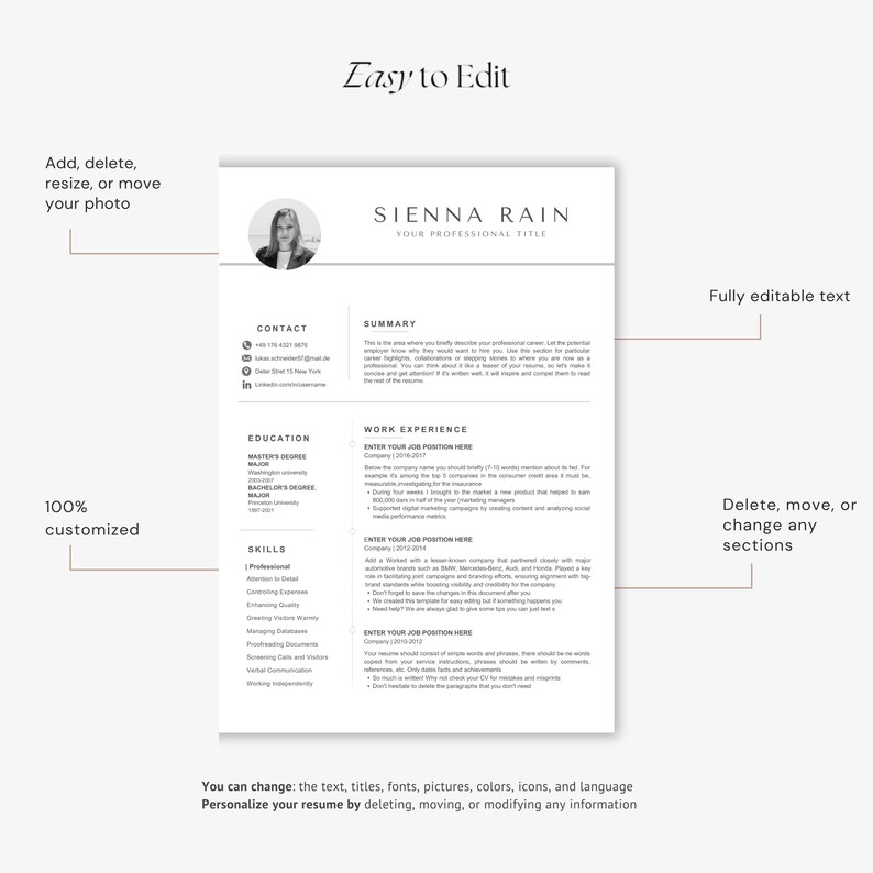 Editable Finance Resume Template: Ats-optimized CV (PDF Format) - Etsy